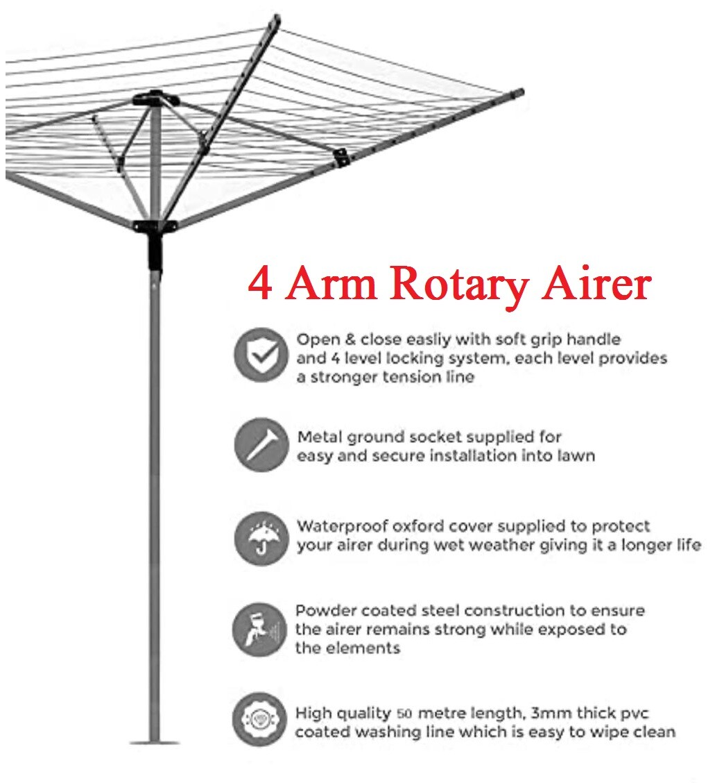 40/50/60M Rotary Airer 4 Folding Arm Clothes Garden Washing Line ...