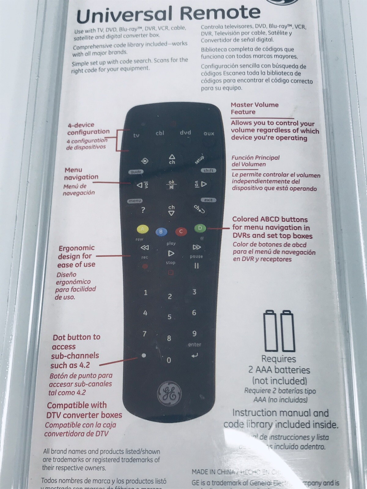 GE Universal Remote 4 Audio Video Devices #24944 General Electric Black ...