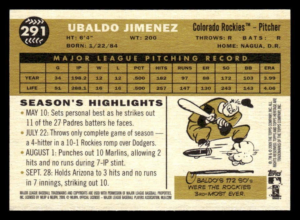 2009 Topps Heritage Ubaldo Jimenez #291 Colorado Rockies Baseball Card ...