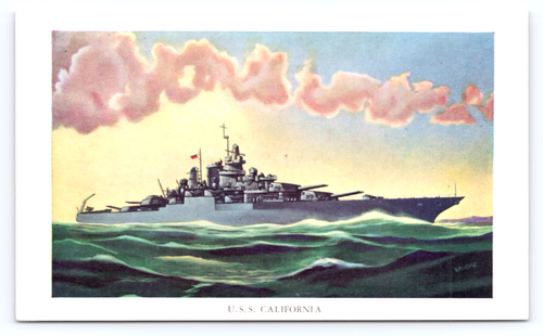 WW2 USS California Battleship Pearl Harbor c1940s a/s V. Koie Art ...