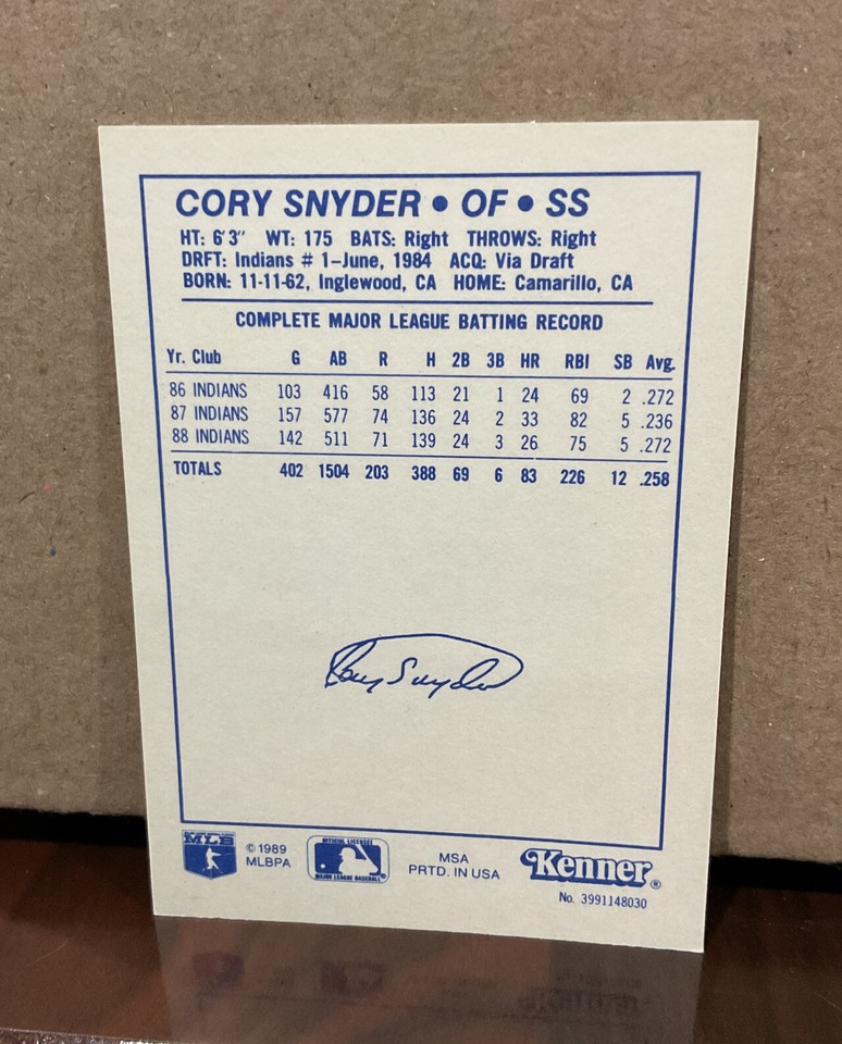 CORY SNYDER 1989 KENNER STARTING LINEUP CARD - CLEVELAND INDIANS | eBay