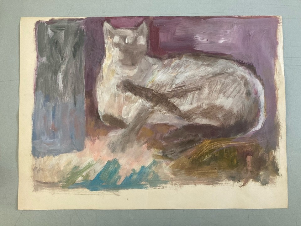 Oil Painting Portrait Paper 1970 Art Cat Animal Expressionist | eBay