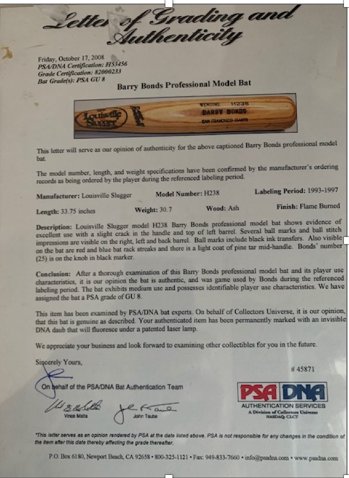 Barry Bonds Game Use Baseball Bat 1993-1997 | eBay