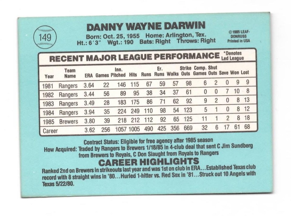 1986 Donruss Danny Darwin Milwaukee Brewers #149 Near Mint or Better | eBay