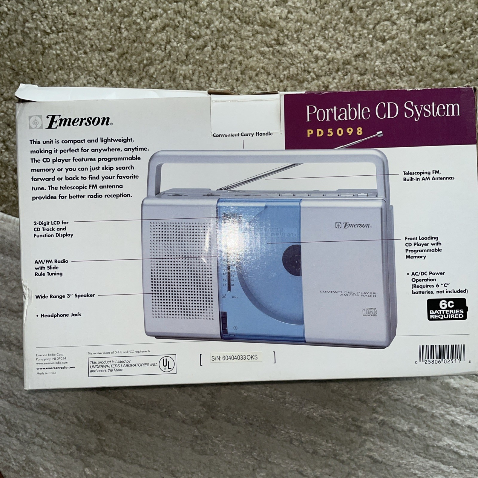 EMERSON PORTABLE CD SYSTEM PD5098 COMPACT DISC PLAYER AM/FM RADIO ...