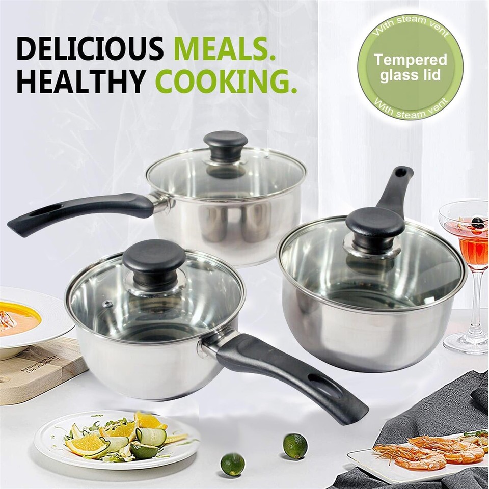 Saucepan Set Stainless Steel Non Stick Induction Deep Sauce Pan Pots ...