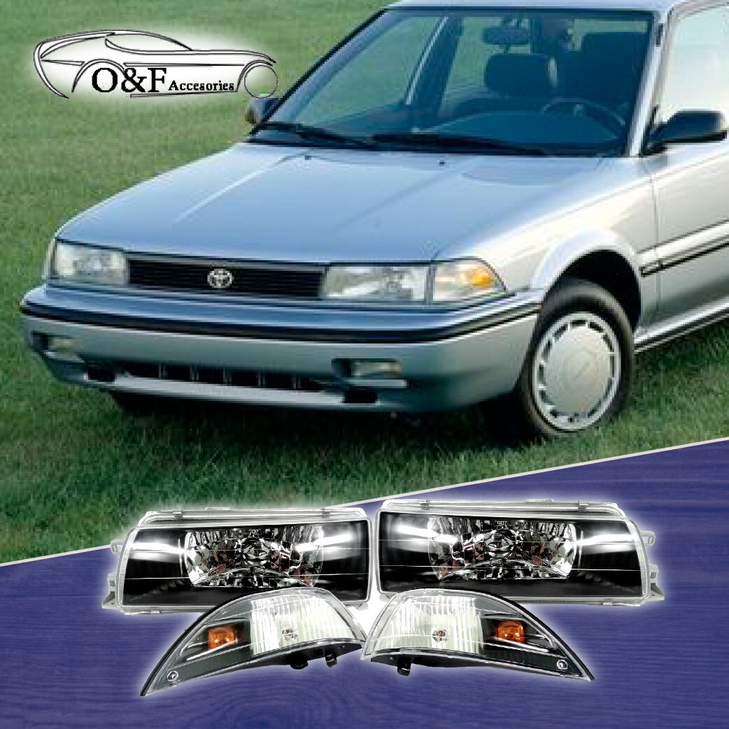 For 88 92 Toyota Corolla Black Headlights AE90 AE92 E90 EE90 Glass ...