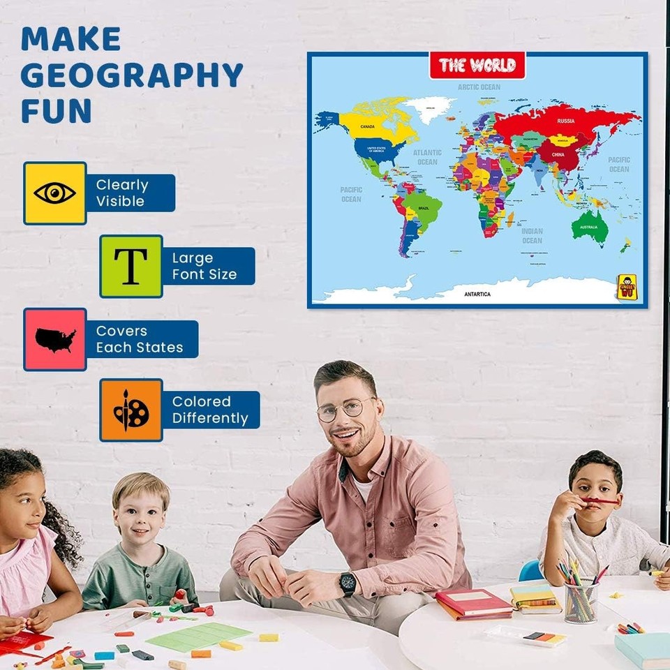 UNCLE WU World Map Laminated Poster -Double Side 17"L x 23"W, full ...