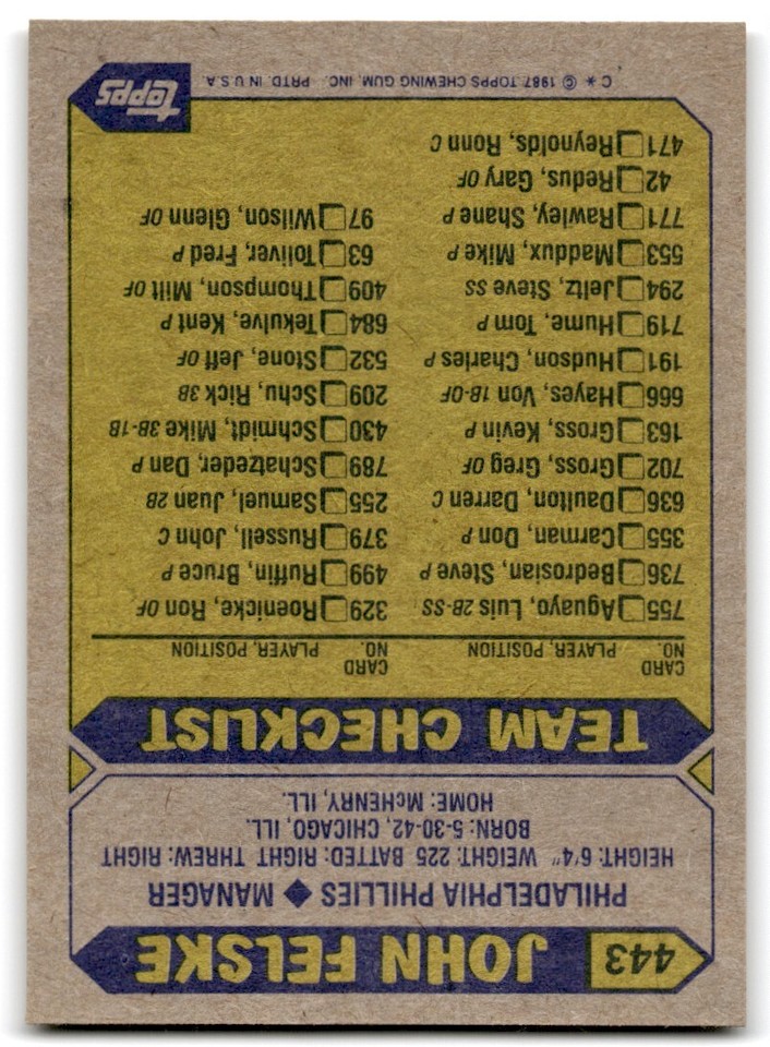 1987 Topps Baseball Cards John Felske Philadelphia Phillies #443 | eBay