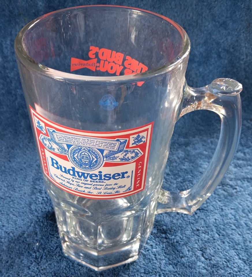 Vtg BUDWEISER HEAVY GLASS 32 Oz Beer Mug BIG THIS BUDS FOR YOU Thumb ...