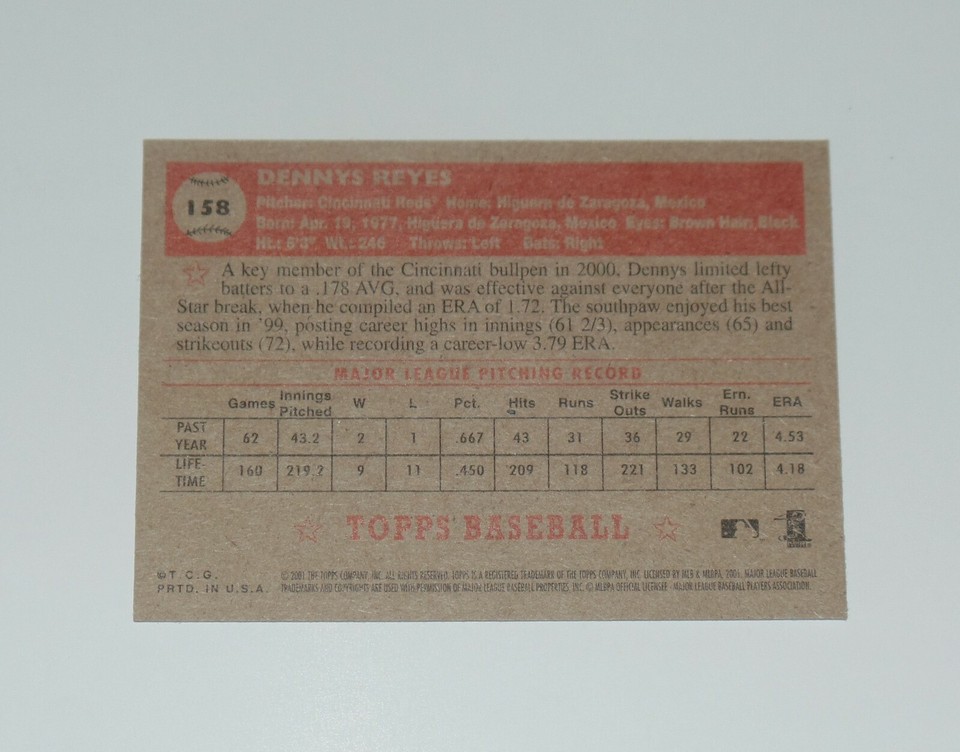 DENNYS REYES SIGNED AUTO'D 2001 TOPPS HERITAGE CARD #158 CINCINNATI ...