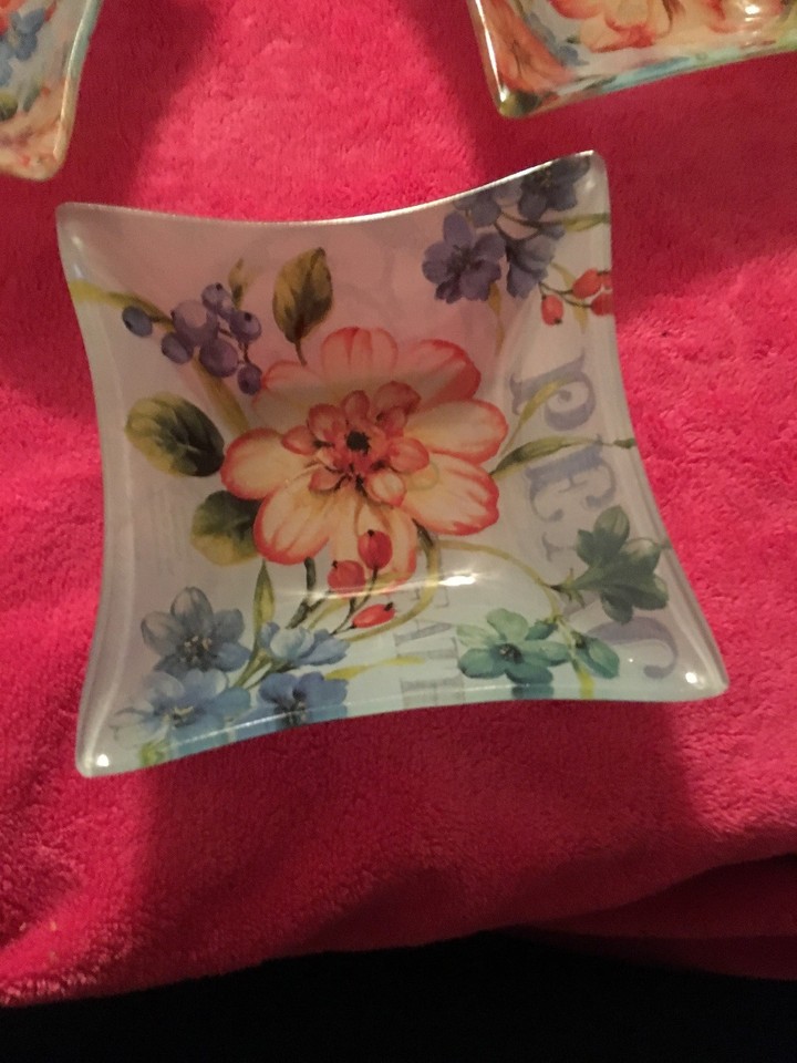 PRIMA DESIGN square 5" bowls art glass blue floral set of 3 fruit ...