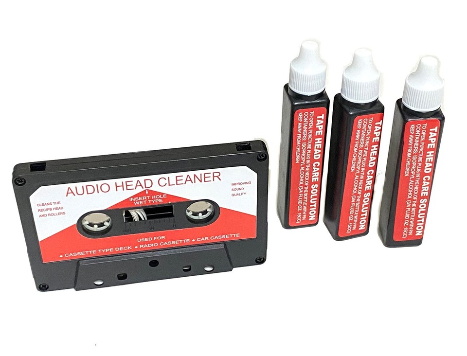 Audio Tape Cassette Head Cleaner W/ 3 Cleaning Fluids Care Wet Mainten ...
