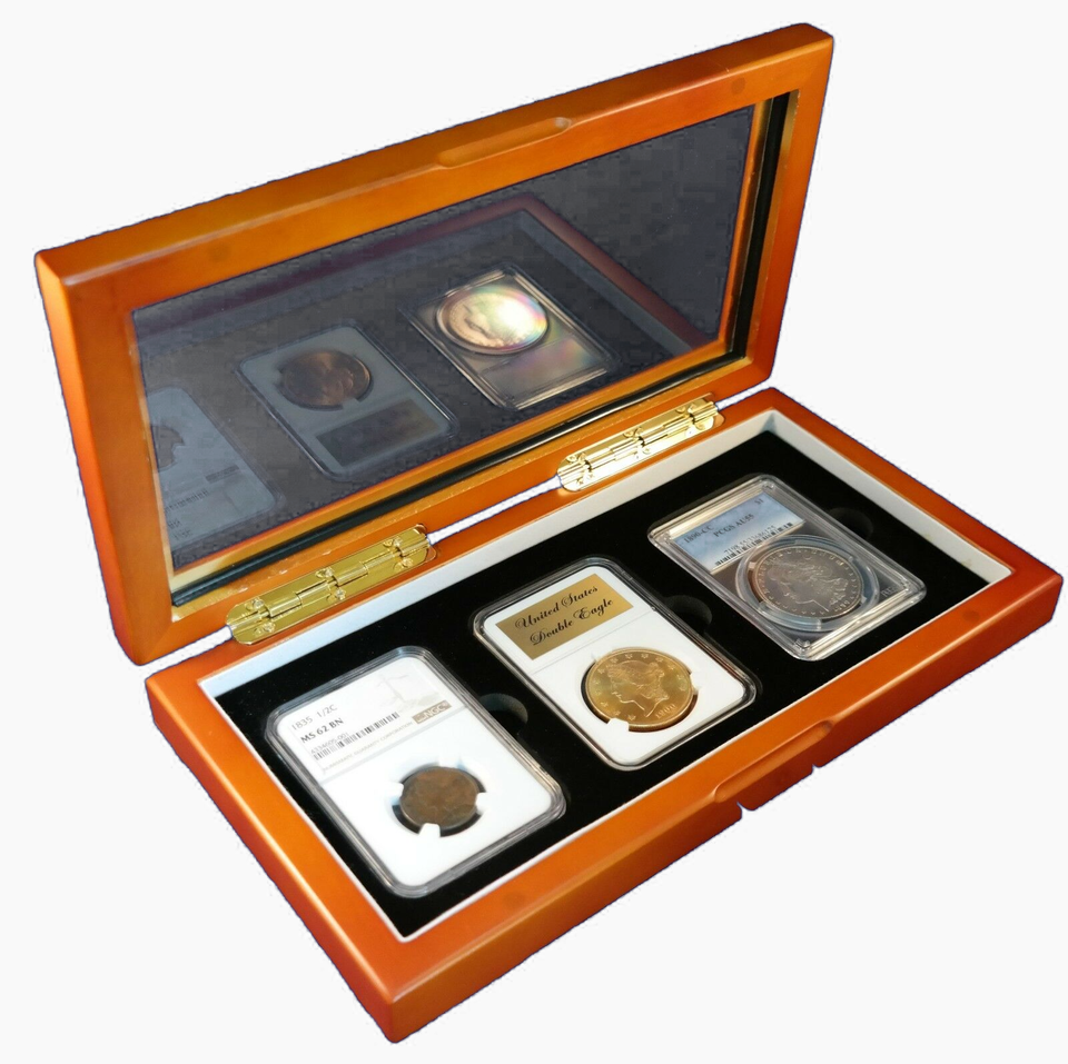 Wood Glass-top Display Box - 3 Three Certified PCGS NGC Premier Elite ...