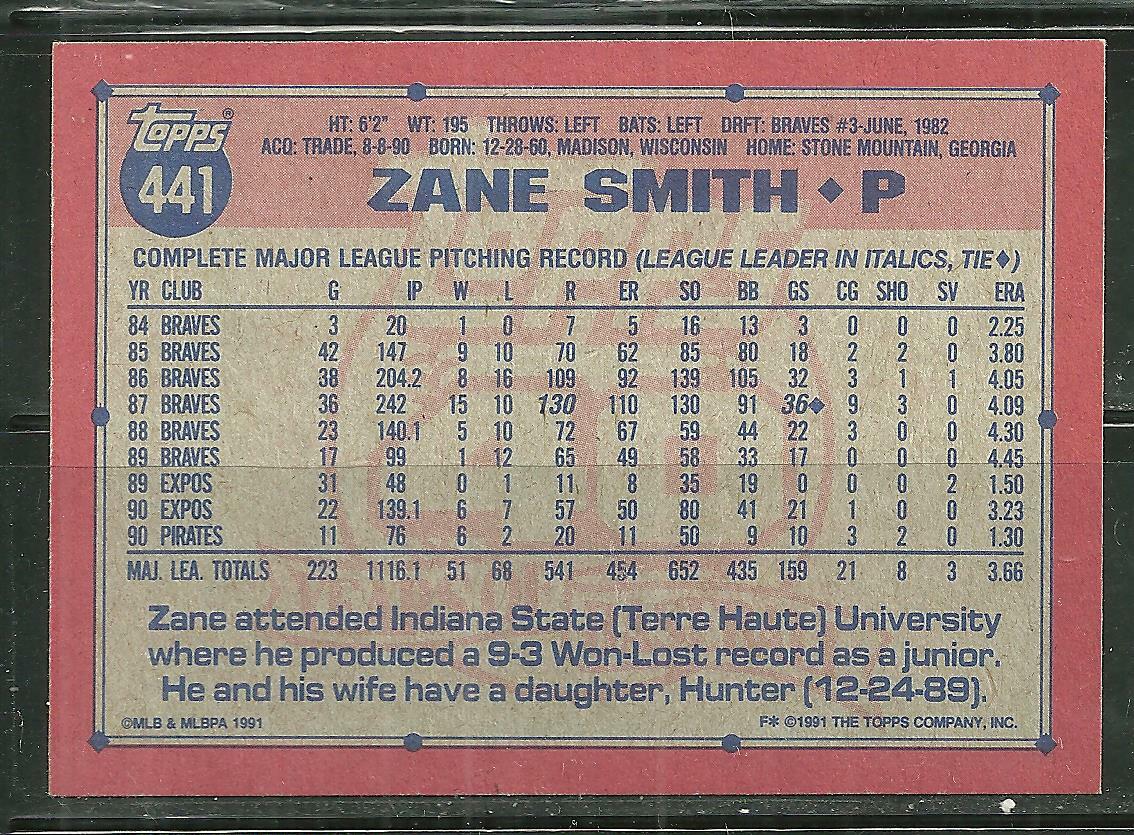 1991 TOPPS BASEBALL ZANE SMITH #441 | eBay