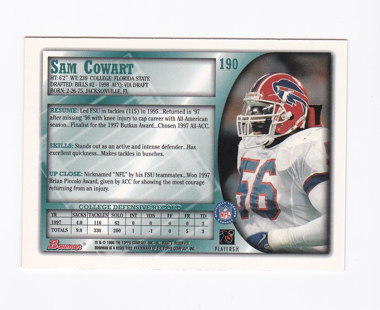 1998 Bowman #190 Sam Cowart RC Buffalo Bills Florida State FSU | eBay