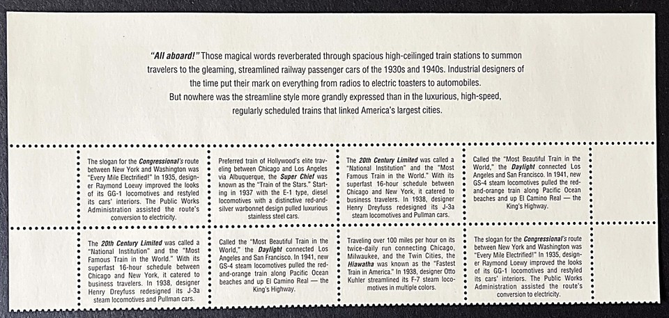 All Aboard (1999) – US SC #3333-3337 – Plate Block of 8 with Header 33c ...