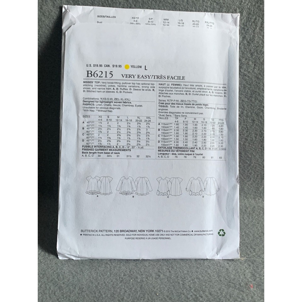 Butterick B6215 Tops Pattern Women Sizes L-XXL uncut | eBay