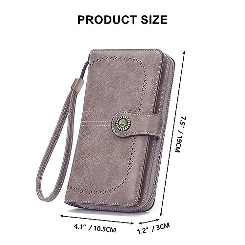 Wallet for Women, PU Leather Large Capacity Wallets with Wrist Grey ...