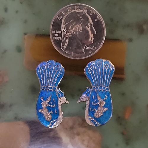 Vintage Siam Silver Clip Earrings Blue Enamel Niello PEACOCKS Birds ...