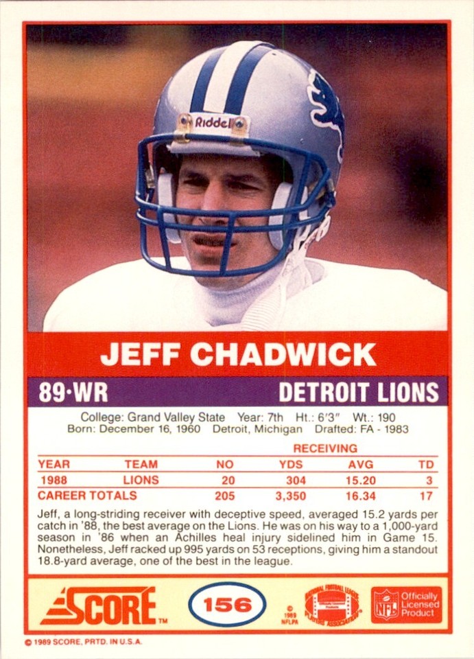 1989 SCORE JEFF CHADWICK DETROIT LIONS #156 | eBay