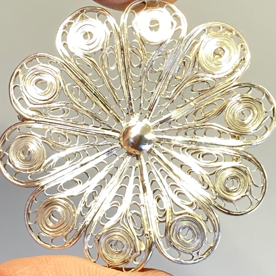 Filigree Flower Brooch Pin Handmade Tested Sterling Silver 925 1 5/8 ...