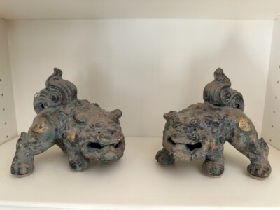 Vintage Chinese Cast Iron Fierce Foo Dog Pair Multi-Color Heavy Metal 7 ...