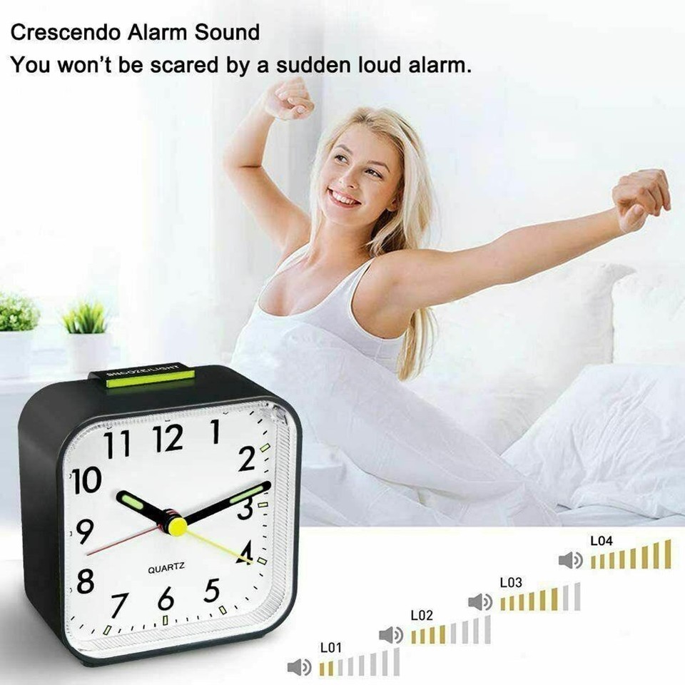 Quiet Ticking Silent Small Quartz Alarm Clock Loud Night Clocks Bedside ...