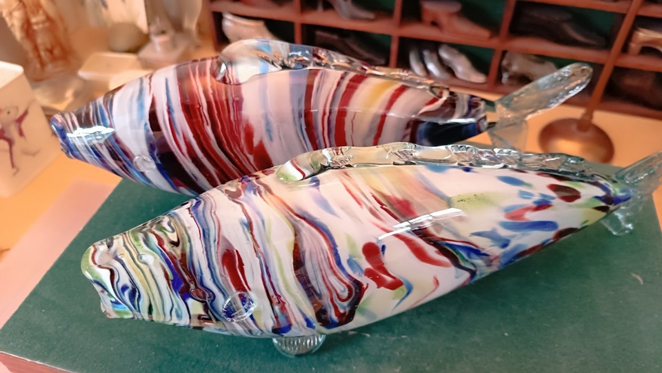 Vintage Pair of Murano Style Multi Coloured Ornamental Fish Art Glass ...