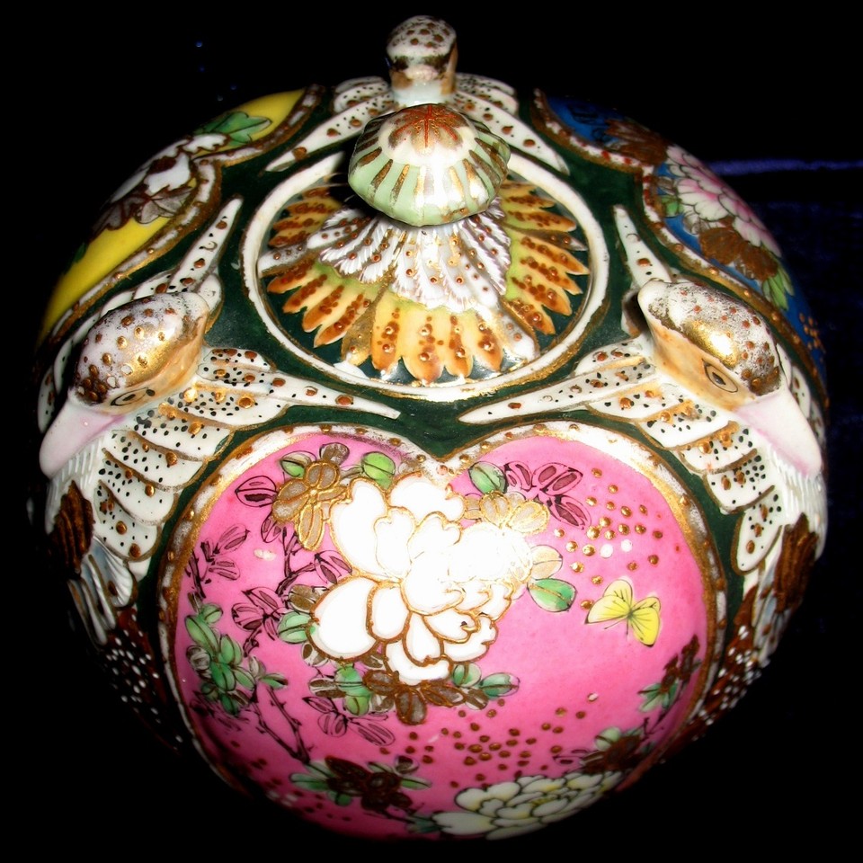 An Ext. RARE Nippon Tea Caddy, Hand Painted, Moriage 1800's 3 Panel ...