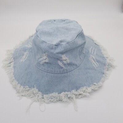 Denim Sun Hat Distressed Raw Edge Light Blue 3.5 in Brim Retro Look | eBay