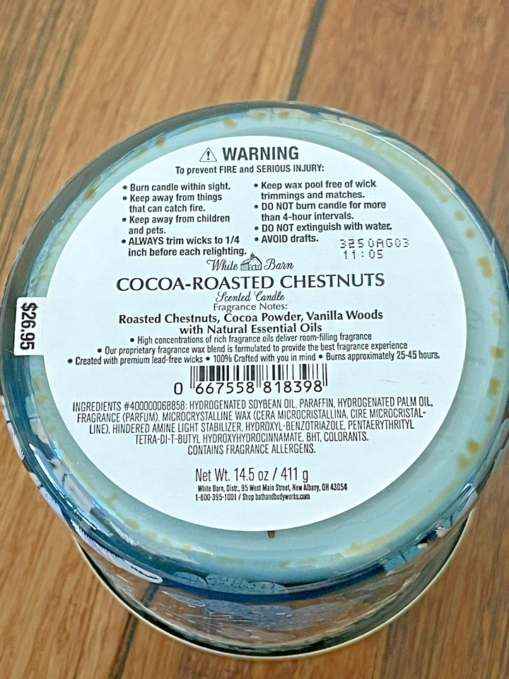 Large WHITE BARN Bath & Body Works COCOA-ROASTED CHESTNUTS 3 Wick ...