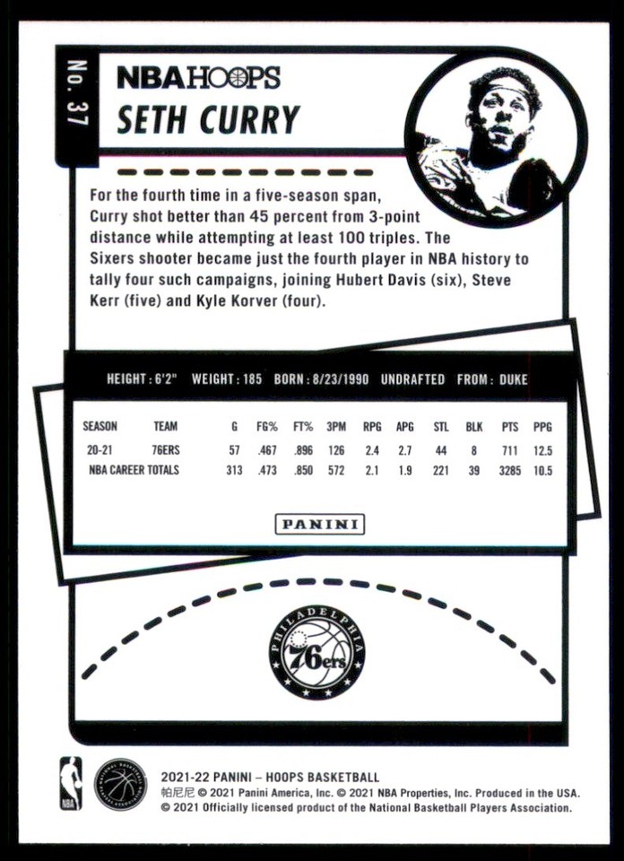 2021-22 Hoops Seth Curry Philadelphia 76ers #37 160854 | eBay