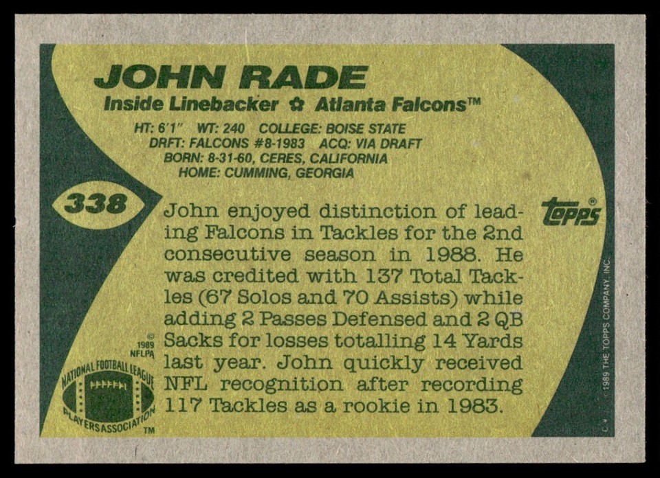 1989 Topps John Rade Atlanta Falcons #338 | eBay