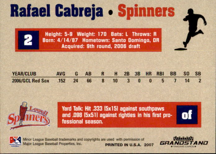 2007 Lowell Spinners Grandstand #5 Rafael Cabreja Dominican Republic DR ...
