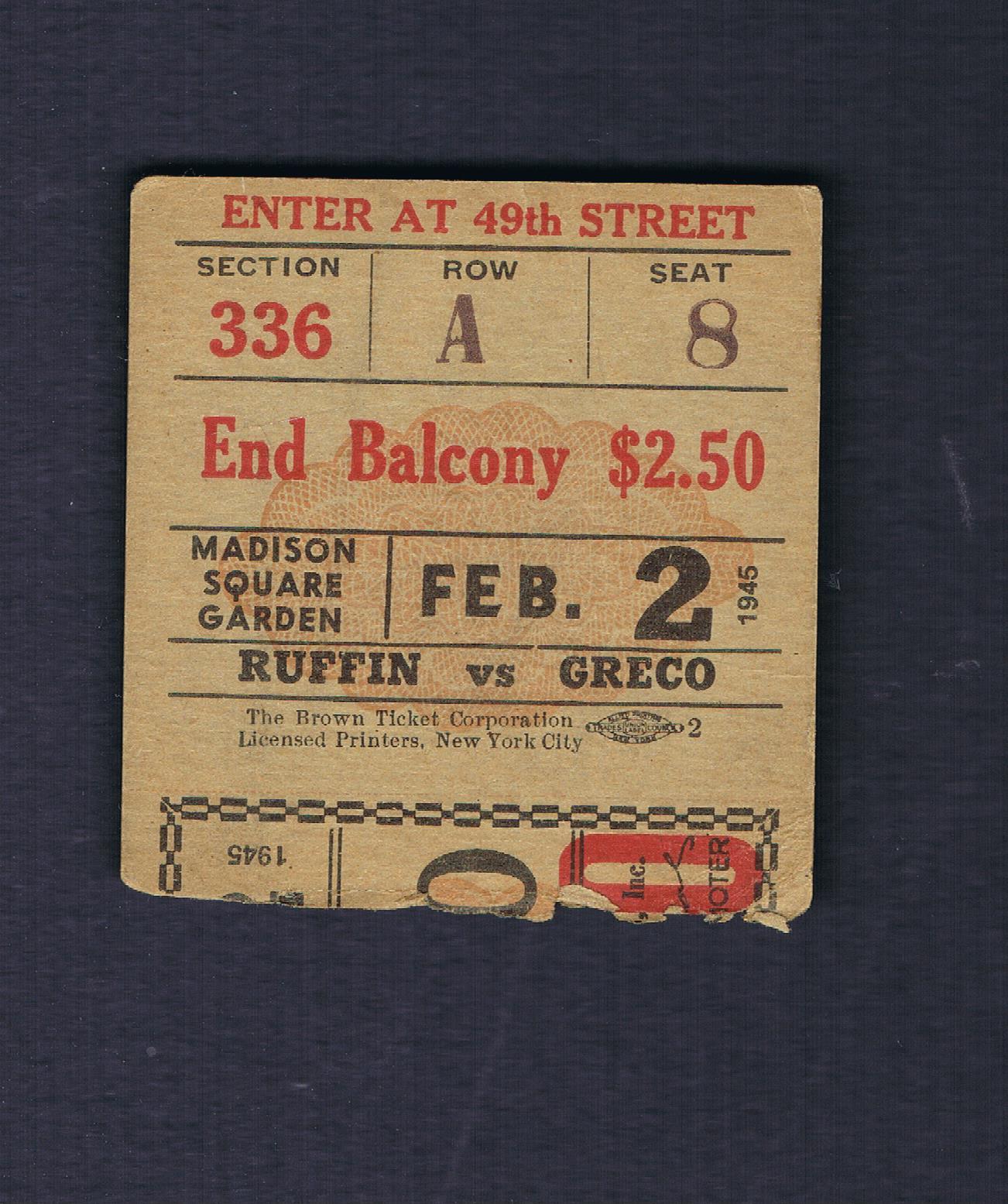 1945 boxing ticket Greco Ruffin Miller Brown Cheatum LaSalva Palmer ...