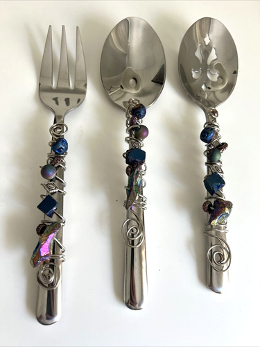 Fancy Spoon Fork Serving Utensils Bead Rock Wire Wrapped Slotted Salad ...