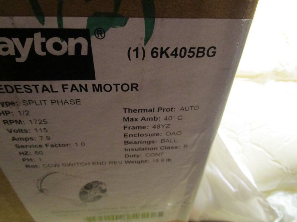 DAYTON 6K589BG Motor, 1/2 HP, 1725 RPM, 115V, E0431 | eBay