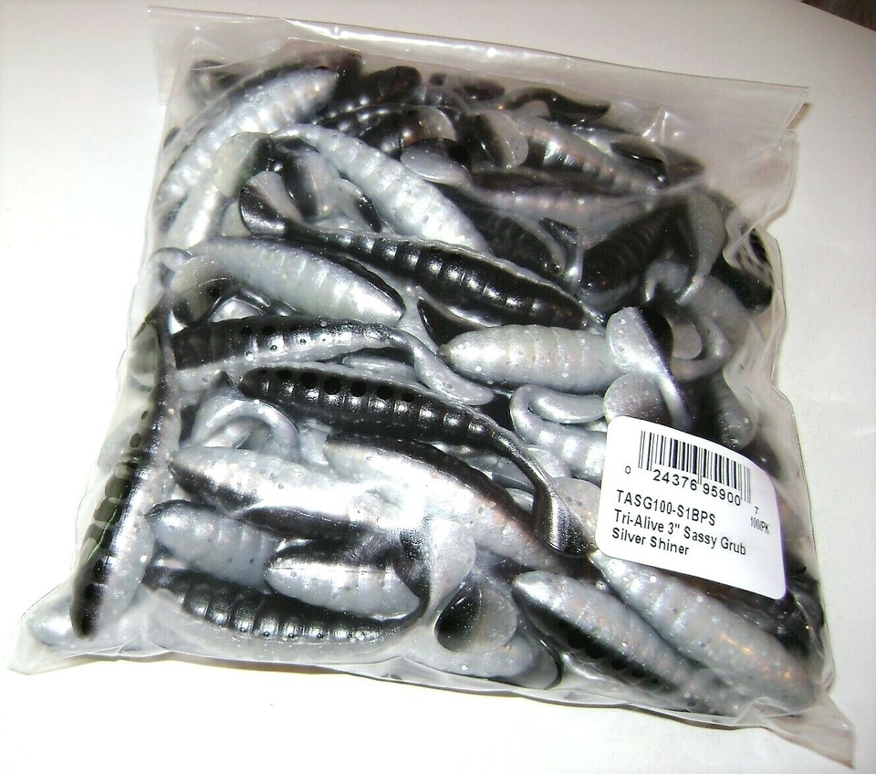 MISTER TWISTER 100 PACK 3 INCH TRI-ALIVE SASSY GRUB LURES SILVER SHINER ...