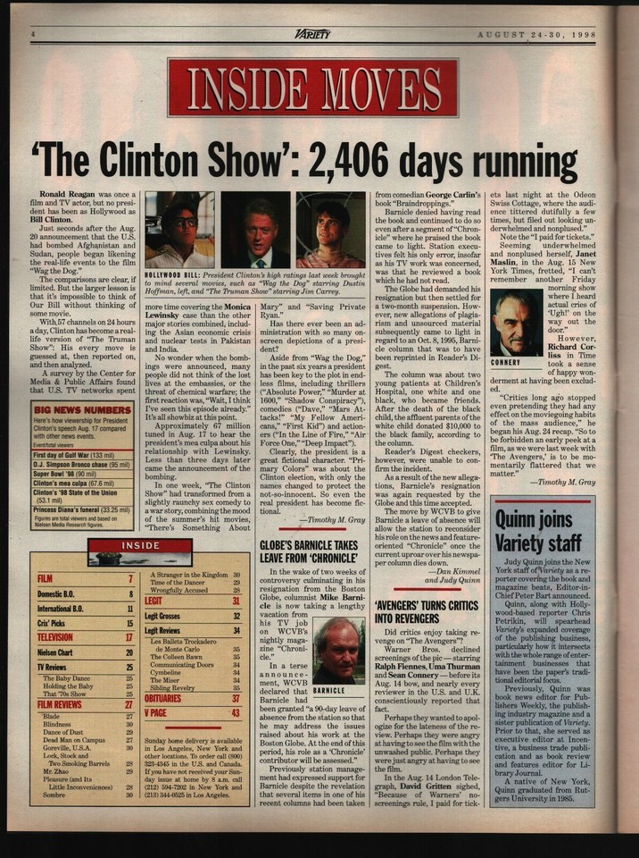 Variety Magazine Aug 24-30, 1998 Post-Mr. Bean Cosby Clinton Connery ...