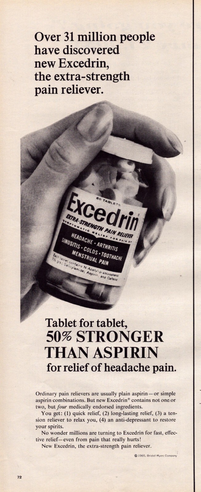 1965 Excedrin Extra Strength Pain Reliever Print Ad | eBay