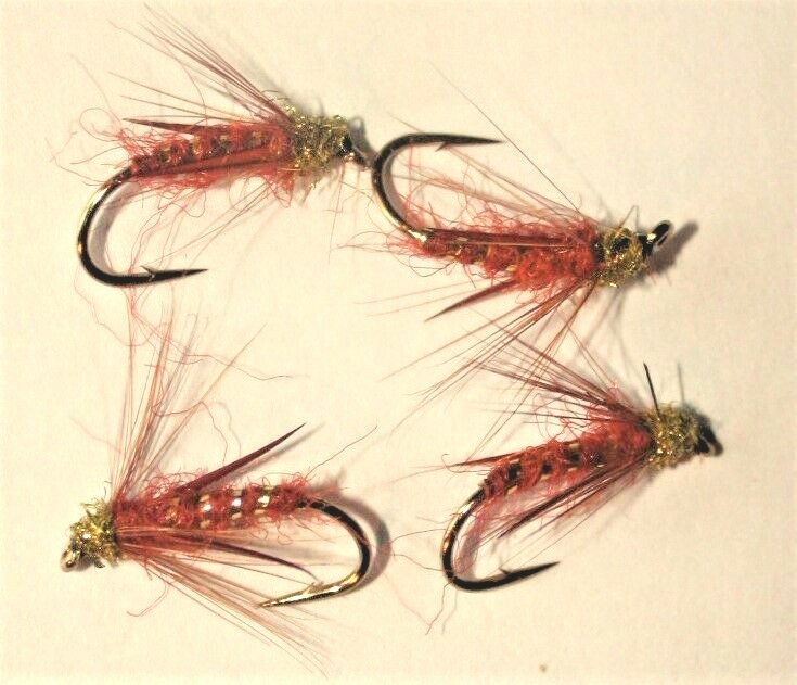 6 No. Barbless Midas style Red Hoppers - size 10 - ref BL34 - trout dry ...