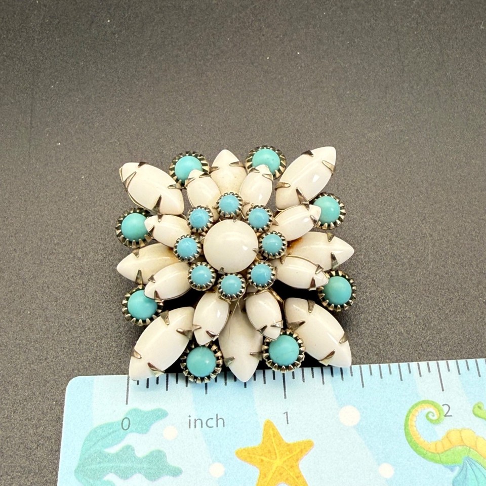 Vintage Brooch Milk Glass Faux Turquoise Cabochon Silver Tone Pin ...