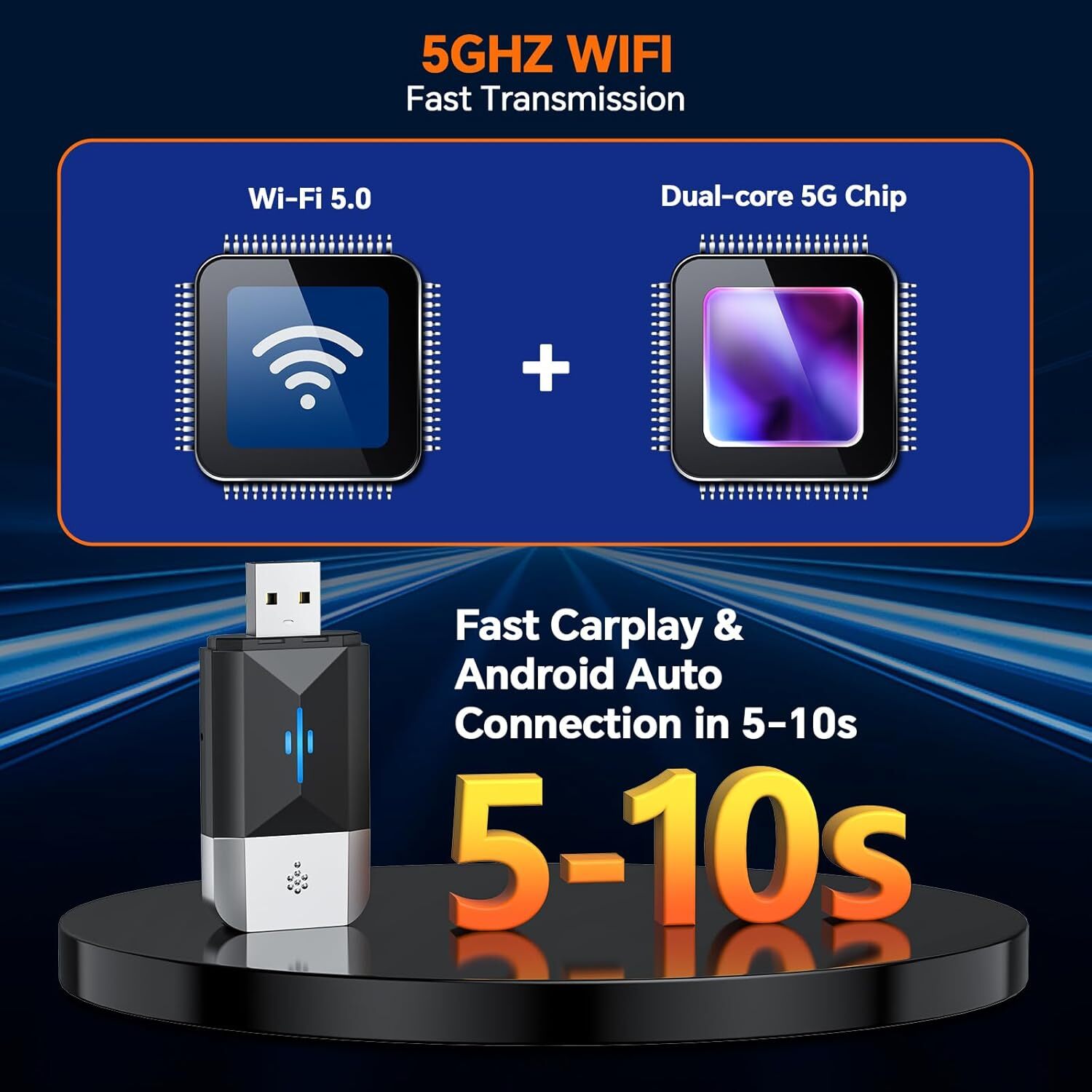 2 in 1 5Ghz WiFi USB Type-C Wireless Android Auto Adapter Apple CarPlay ...