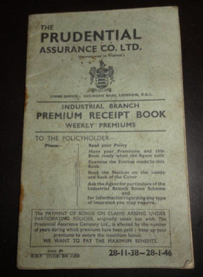 Prudential Assurance Co Ltd Industrial Branch Premium Receipt Book 1938 ...