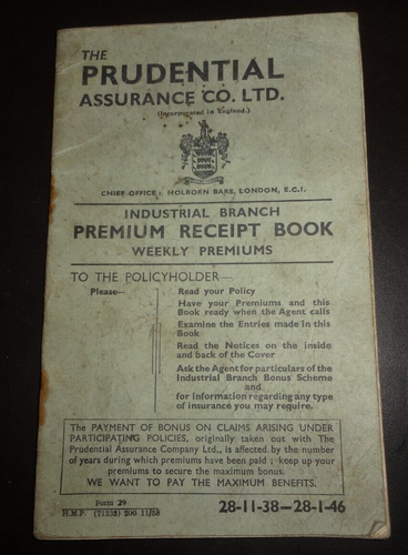 Prudential Assurance Co Ltd Industrial Branch Premium Receipt Book 1938 ...