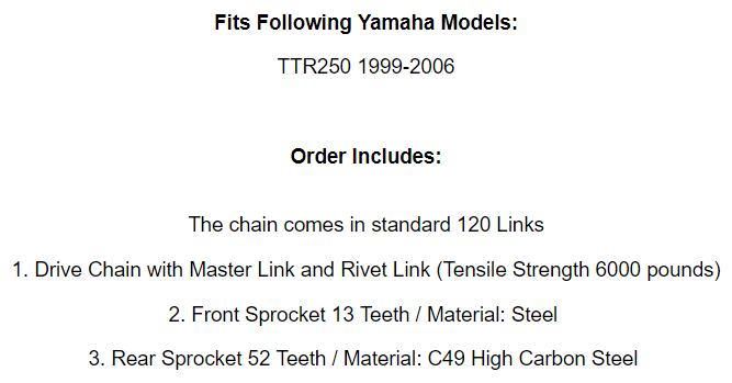 Drive Chain & Sprockets Kit for Yamaha TTR250 TT-R250 1999-2006 | eBay