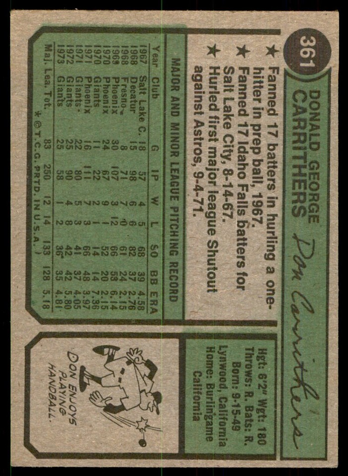 1974 TOPPS DON CARRITHERS . SAN FRANCISCO GIANTS #361 | eBay