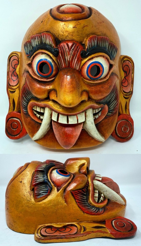 Wood Lakhey/Lakhe Demon Mask: wall-hanging carved Nepal Nepali Nepalese ...