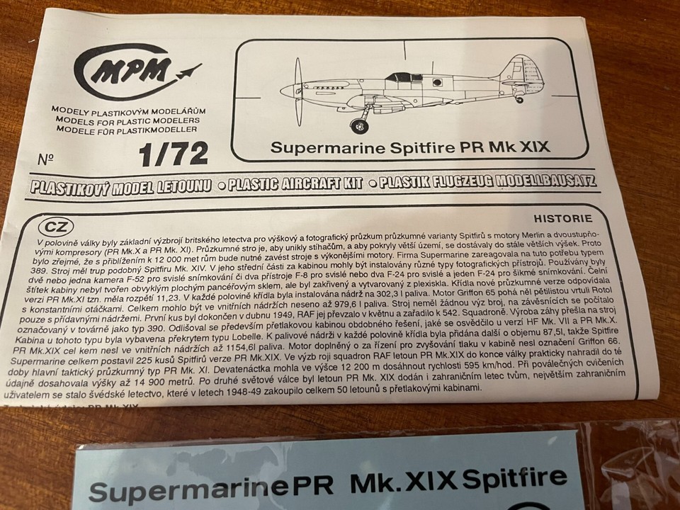 MPM 1/72 Scale No.C72025 Supermarine Spitfire PR Mk.XIX Model Kit ...